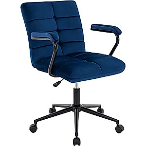 MFD LIVING Velvet Home Office Desk Chair, Upholstered Adjustable Swivel Task Chair with Wheels, Tufted Mid-Back Computer Chair with Arms, for Study Living Room Vanity (Blue, Black Base)