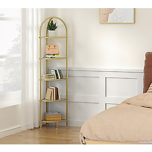 Homhedy 5-Tier Corner Shelf Stand, Metal Corner Bookshelf, Tempered Glass Shelves, Bathroom Storage Rack Shelf, Plant Stand, Modern Style,Golden