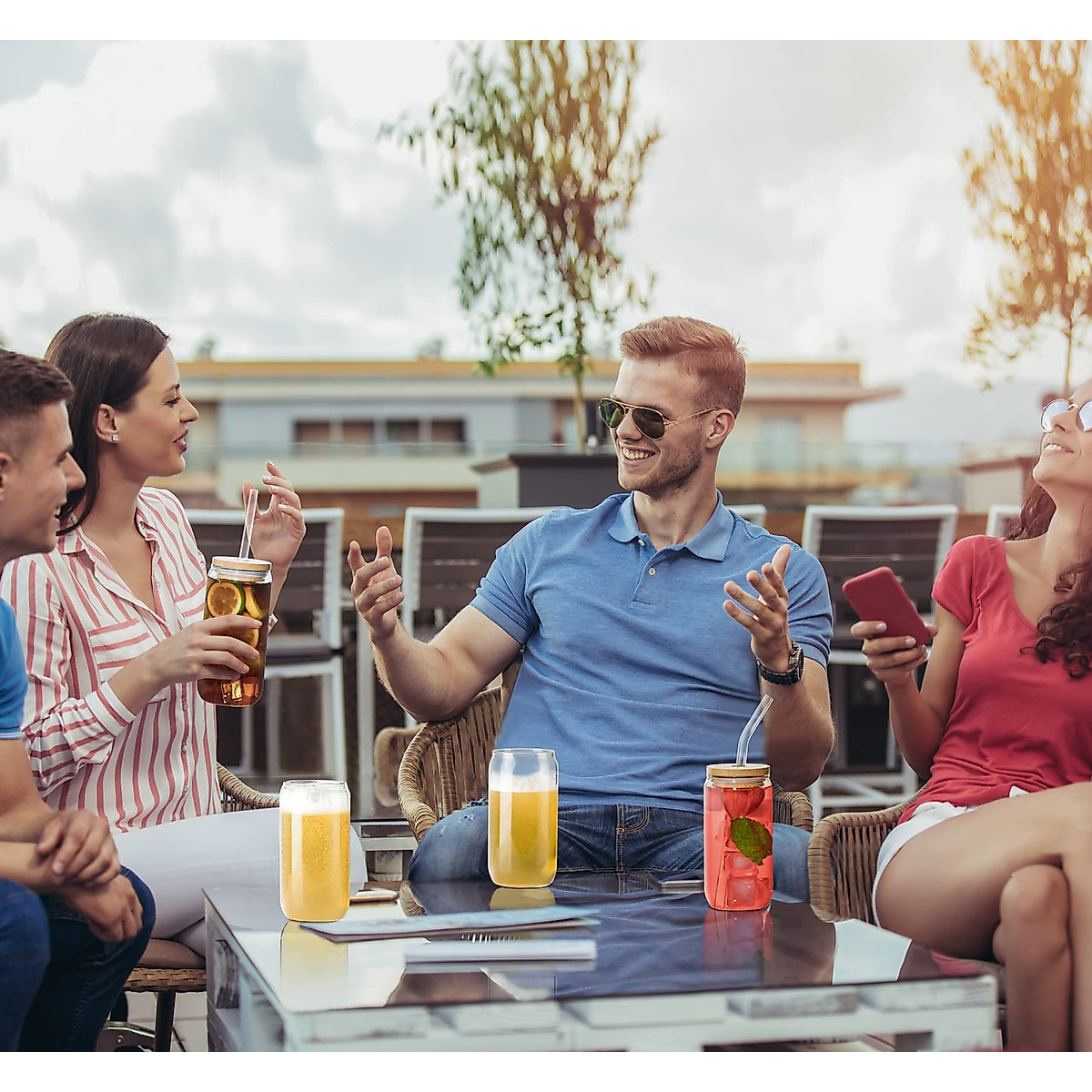 6 Pcs Drinking Glasses with Bamboo Lids and Glass Straw - 16 Oz Can Shaped Glass Cups Beer Glasses Ice Coffee Glasses Cute Tumbler Cup Great for Soda Boba Tea Cocktail Include 2 Cleaning Brushes