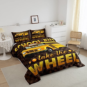 School Bus Comforter Set Queen for Boys Teens Grids Camouflage Quilted Duvet Kids Girls Youth School Car Bedding Set Lattice Camo Design Soft Microfiber Bedding Comforters With 2 Pillowcases