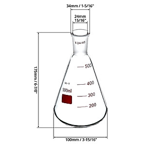 QWORK 500 mL Borosilicate Glass Erlenmeyer Flask, Thick Wall Flask with 24/40 Outer Joint