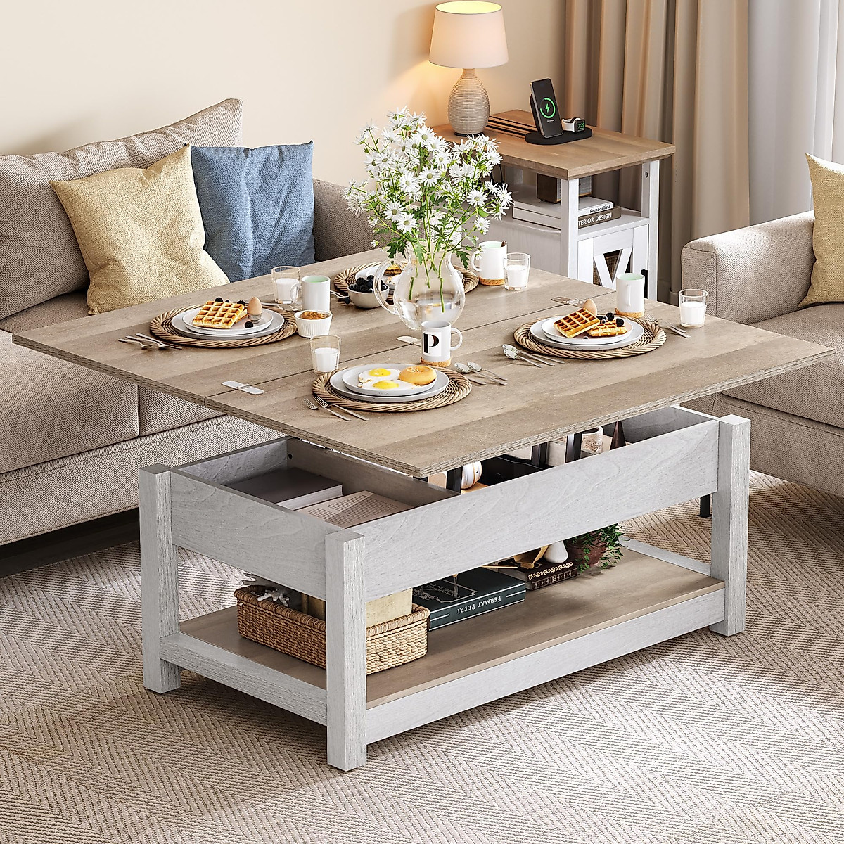 YITAHOME Lift Top Coffee Table, 3 in 1 Multi-Function Coffee Tables with Storage for Living Room, Farmhouse Modern Dining Table for Small Reception Room/Home Office,Grey Wash