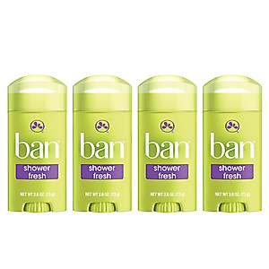 Ban Invisible Solid Antiperspirant Deodorant for Women and Men, 24-Hour Underarm Odor & Sweat Protection, Shower Fresh, 2.6 Oz, Pack of 4
