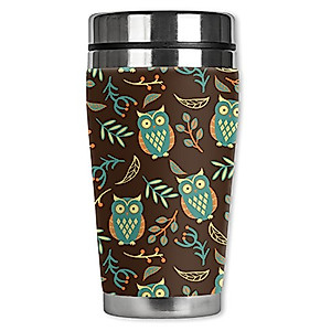 Mugzie Brown Owls Travel Mug with Insulated Wetsuit Cover, 16 oz, Multicolor