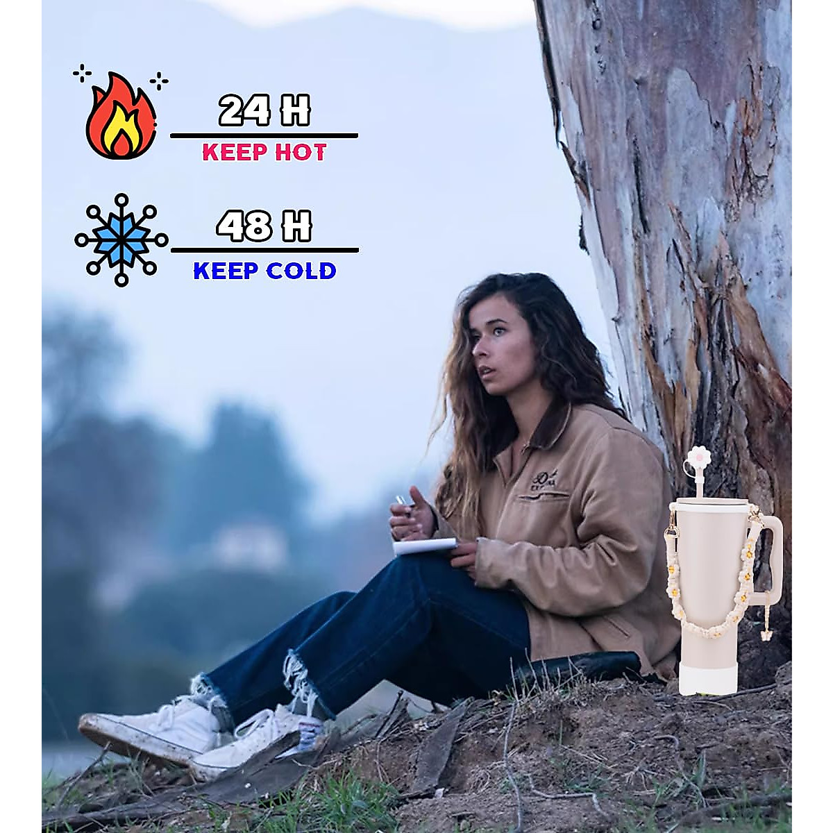 40 oz Tumbler with Handle and Straw & 6PCS Cup Accessories for 40 oz Cup - Vacuum Insulated Stainless Steel Double Wall Water Bottle Travel Coffee Mug - Holiday Gifts for Women Men (Cream)