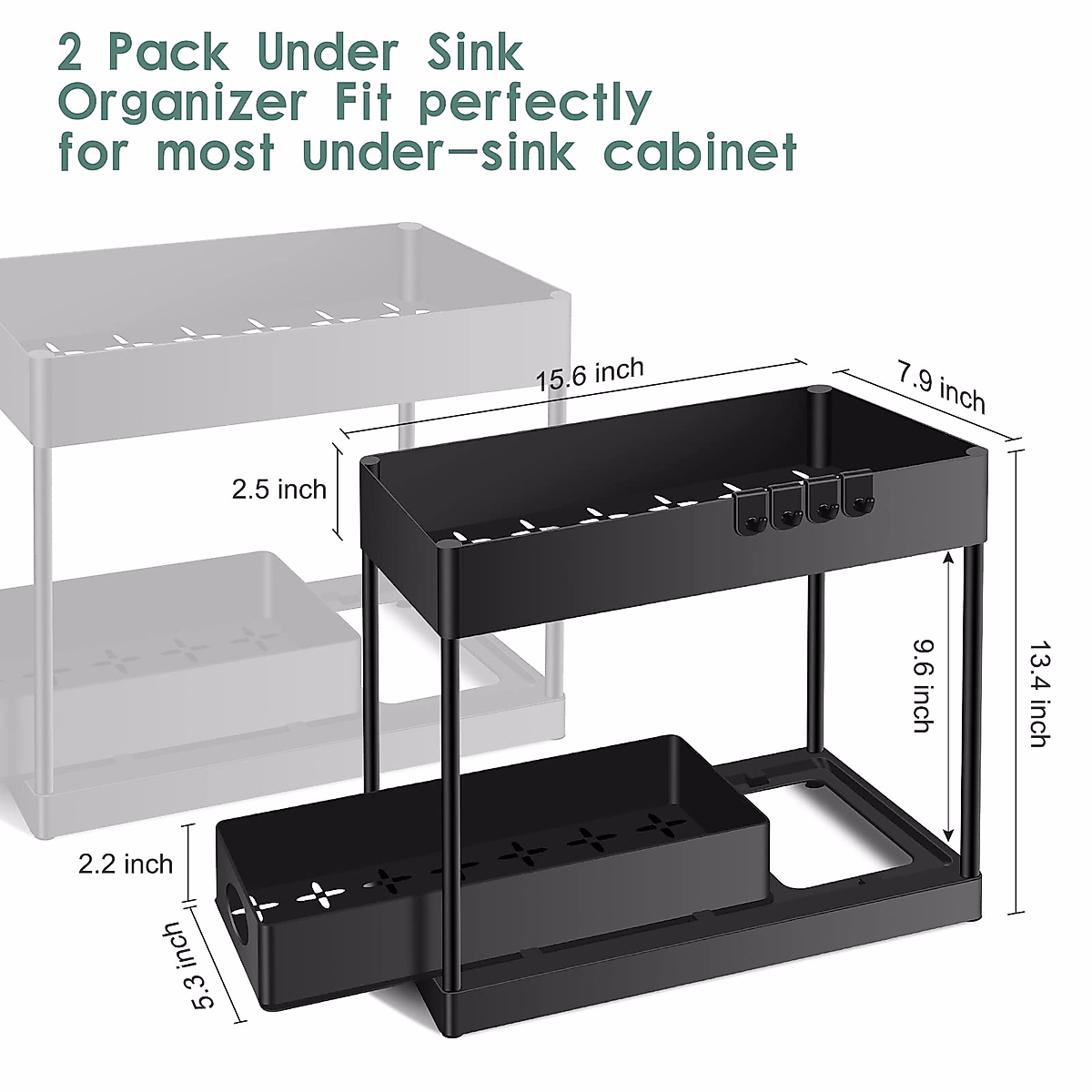 2 Pack Under Sink Organizers and Storage, 2-Tier Bathroom Organizer with Pull-Out Drawer & Hooks, Under the Sink Kitchen Cabinet Organizers Shelf for Countertop Laundry Organization and Storage-Black