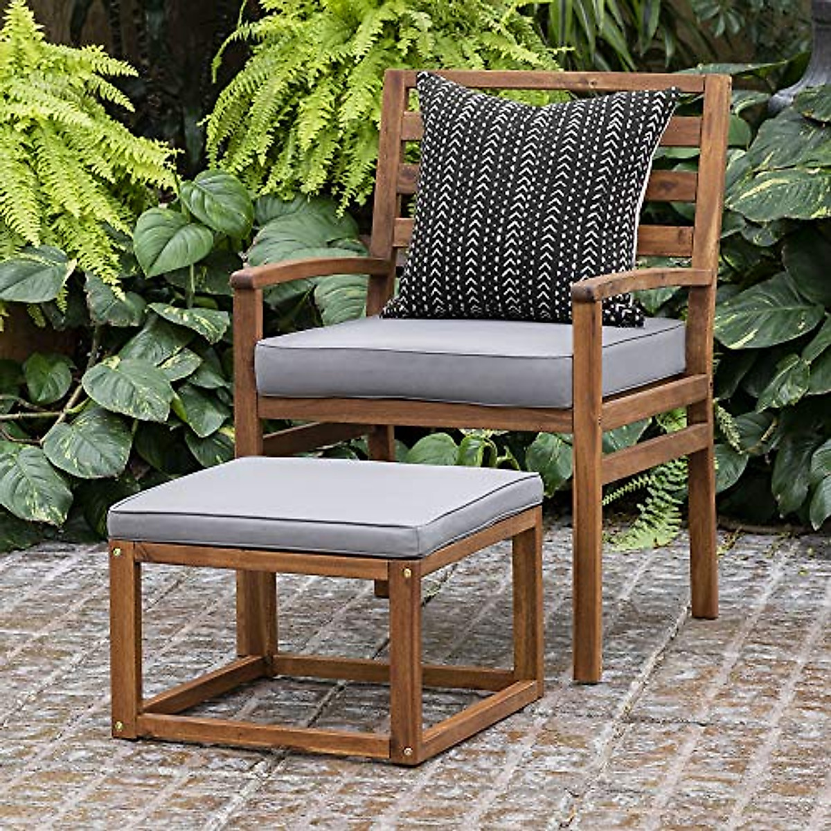 Walker Edison Villa Modern Acacia Wood Patio Chair and Ottoman Set with Cushions, 35 Inch, Brown