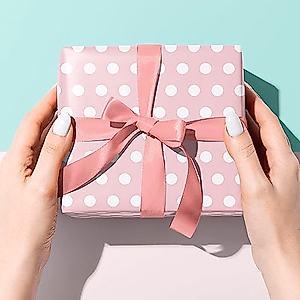 LDGOOAEL Mini Short Small Wrapping Paper Roll - Reversible Design (17" X 32.8 Feet) - Baby Pink Polka dots/Baby Pink for holiday, Christmas, Birthday, Wedding, Baby Shower