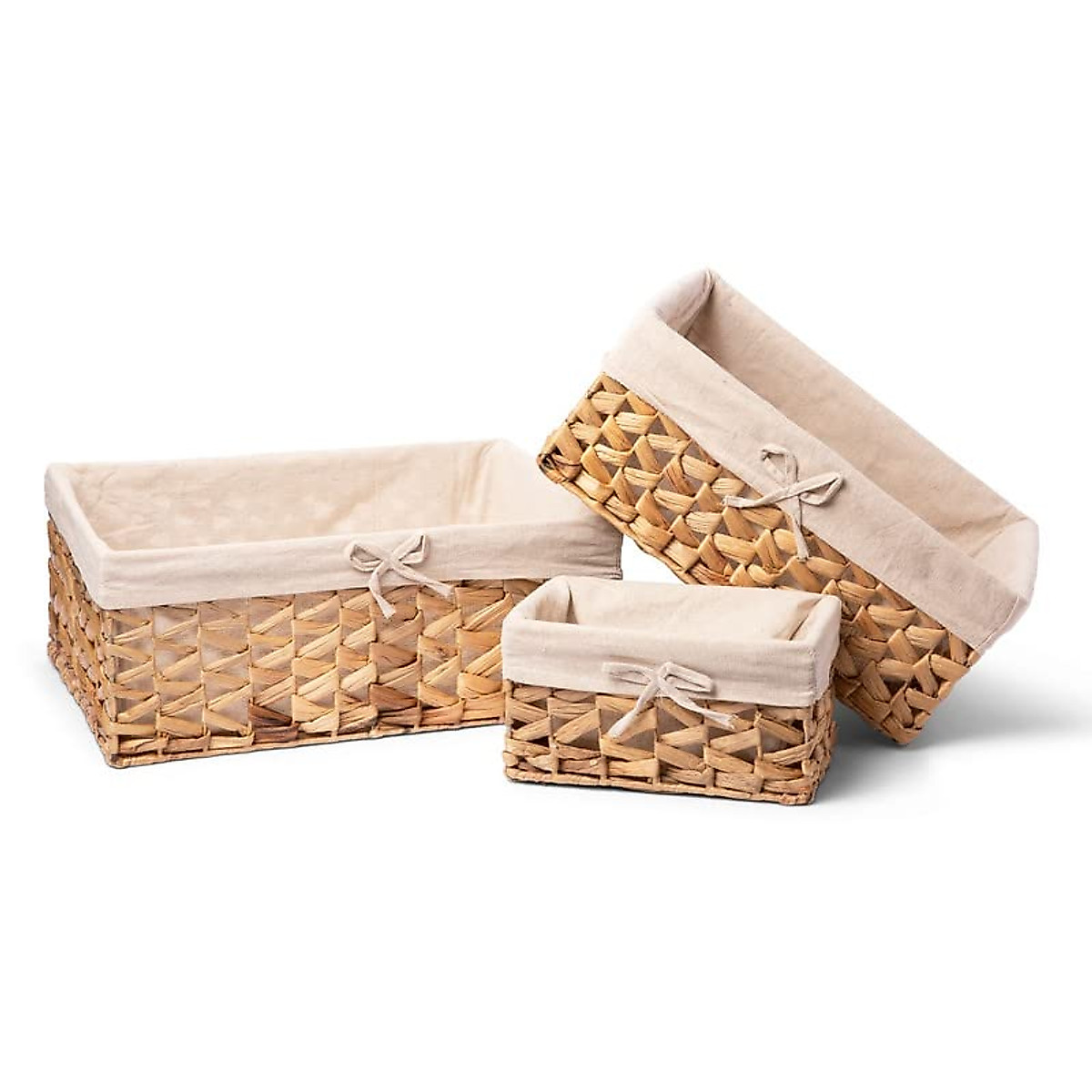 Natural Hyacinth Wicker Storage Baskets, Set Of 3 Hand Woven Water Hyacinth Baskets for Living Room, Organizing Decorative, Woven Basket Organizer Bins with Detachable Lining, Large Medium Small