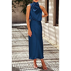 PRETTYGARDEN Women's 2023 Summer Satin Dress Elegant Sleeveless Mock Neck Cocktail Party Maxi Dresses (Dark Blue,Small)