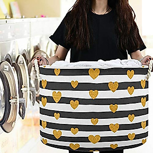 visesunny Collapsible Large Capacity Basket Gold Heart Black White Striped Clothes Toy Storage Hamper with Durable Cotton Handles Home Organizer Solution for Bathroom, Bedroom, Nursery, Laundry,Closet