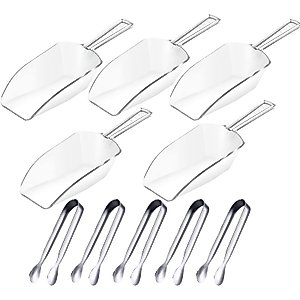 Cszlove 5Pcs Ice Tongs and 5Pcs Plastic Measuring Scoops, Serving Tongs Food Scoops Set for Sweet Candy Coffee Ice Bucket Bar Kitchen Wedding Birthday Party, Silver, Clear, 4.3'', 8.2''