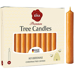 Eika Premium 10% Beeswax Tree Candles - Pack of 20 Honey Colored Natural Christmas Wax Candles for Pyramids, Carousels & Chimes - Made in Europe