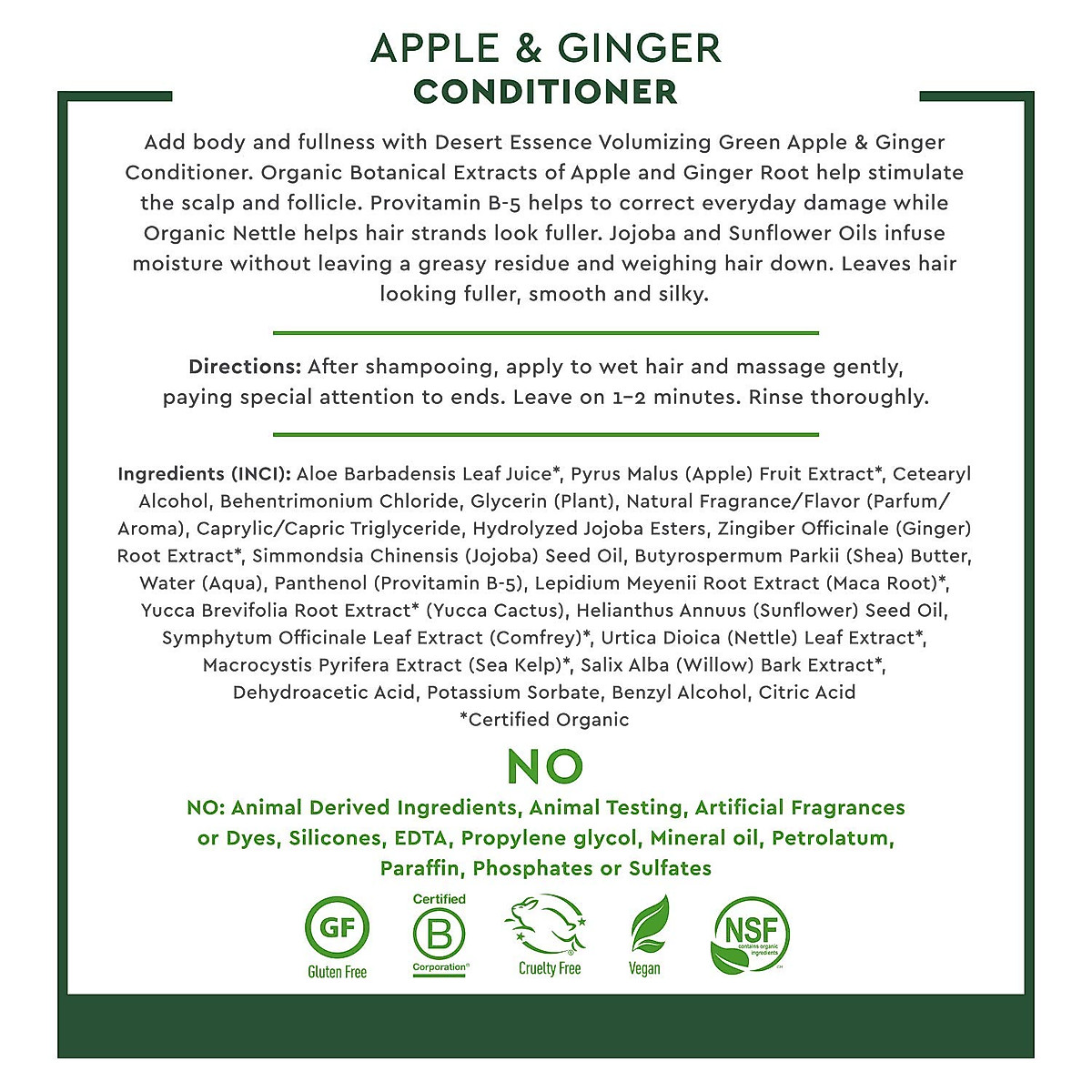 Desert Essence Green Apple & Ginger Shampoo & Conditioner Bundle - 8 Fl Ounce - Volume For Fine Hair - Natural - Deep Moisturizing - Antioxidants - Maca Root - Softer & Shinier - Smooth & Silky