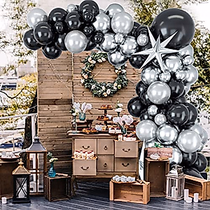 Black Silver Balloons Garland Kit, Black Silver Balloons Arch Kit With Black and Metallic Silver Latex Balloons, Black Silver Balloons Arch for Birthday Wedding Anniversary Party Supplies