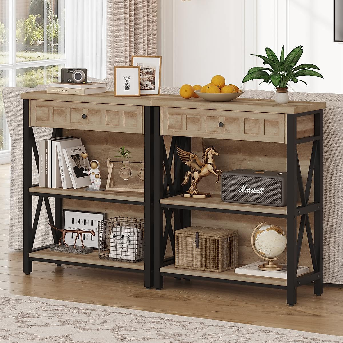 FATORRI Rustic Bookshelf with Drawer, Industrial Wood and Metal Bookcase, Small Book Shelf and Low Book case for Small Space (Rustic Oak)
