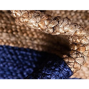 Agro Richer Rug Beige Blue Border Jute Hand Braided Rectangle Shape Home Living Room Living Room Farmhouse Carpet Rag Rug (180 x 240 Cm (6x8 Feet))