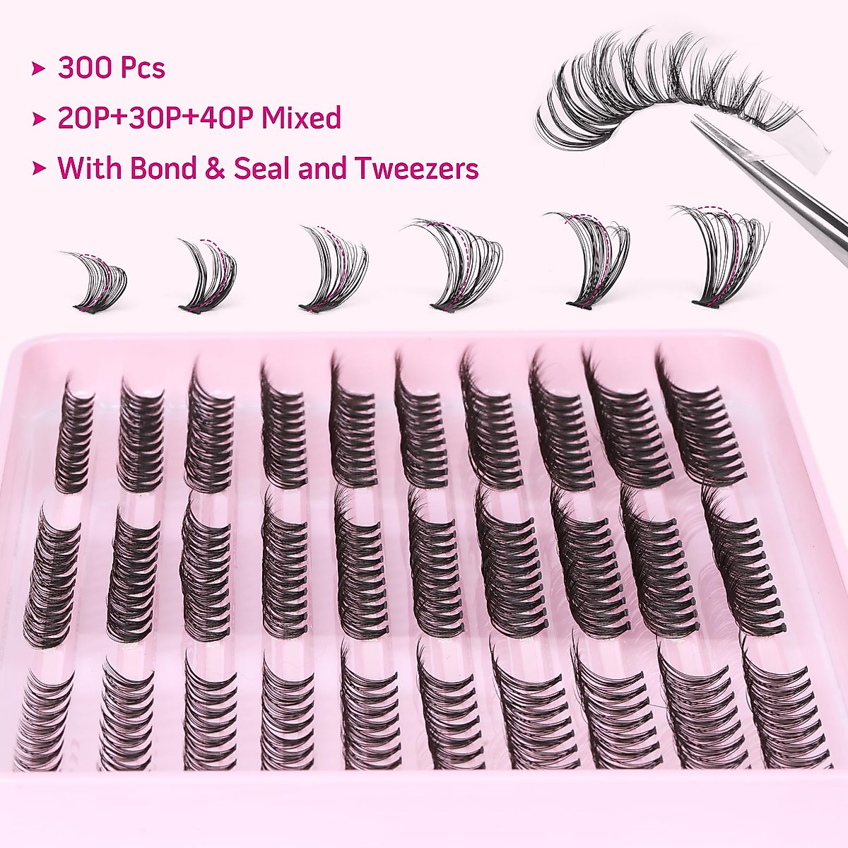 Eyelash Extensions Kit 300 Pcs Lash Clusters Individual Lashes with Strong Hold Lash Bond and Seal and Cluster Eyelashes Applicator Tool (20D/30D/40D)