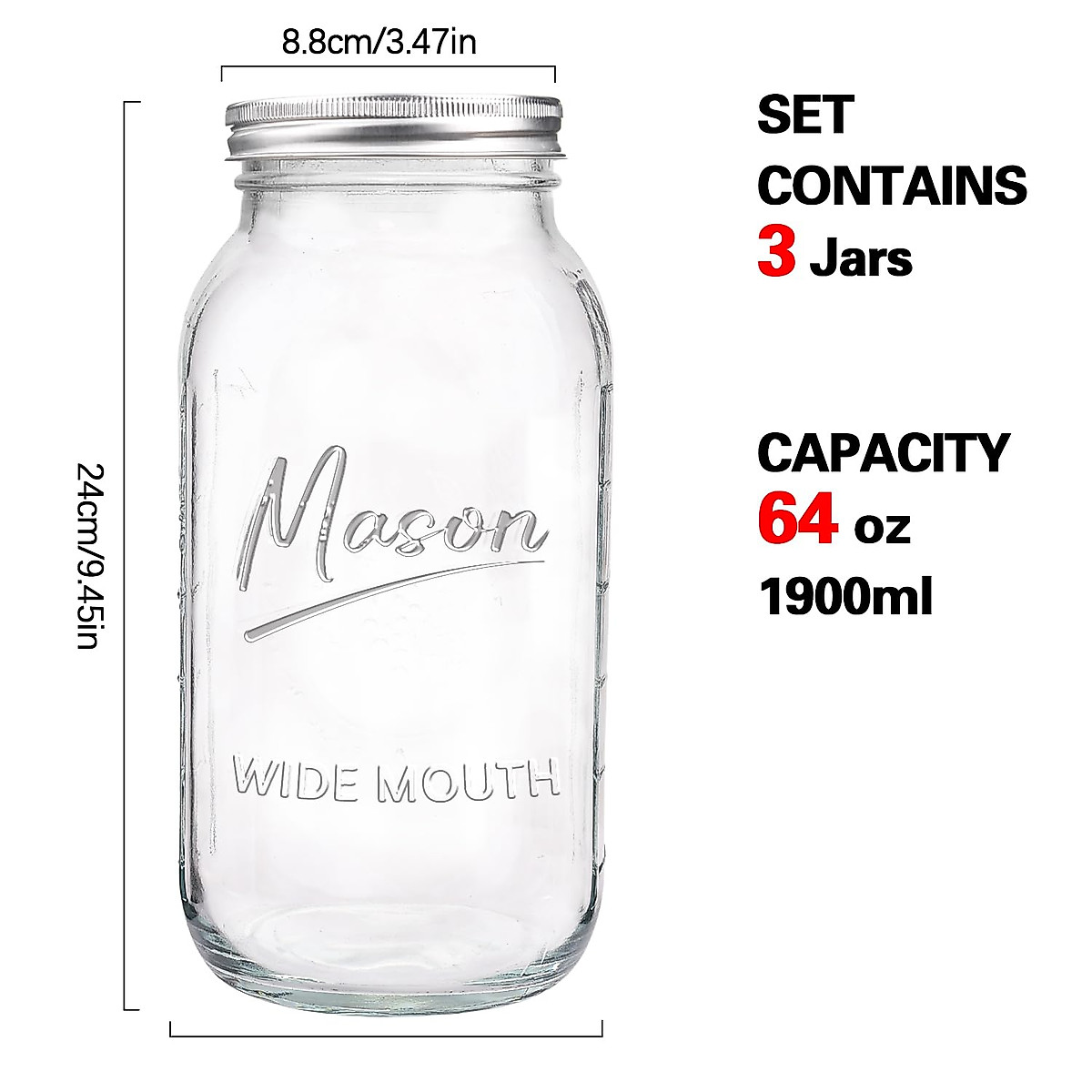 Galssmagic 64 oz Mason Jar Wide Mouth,3 Pack Large Half Gallon Mason Jars with Airtight Lid,Big Glass Jars for Canning,Pickling,Fermenting,Storing