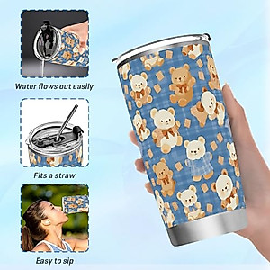 sanluoli Cartoon Bears Cute Plaids Stainless Steel coffee cup with Lid and Straw mugs for coffee for camping reusable insulated tumbler with lid 20 OZ