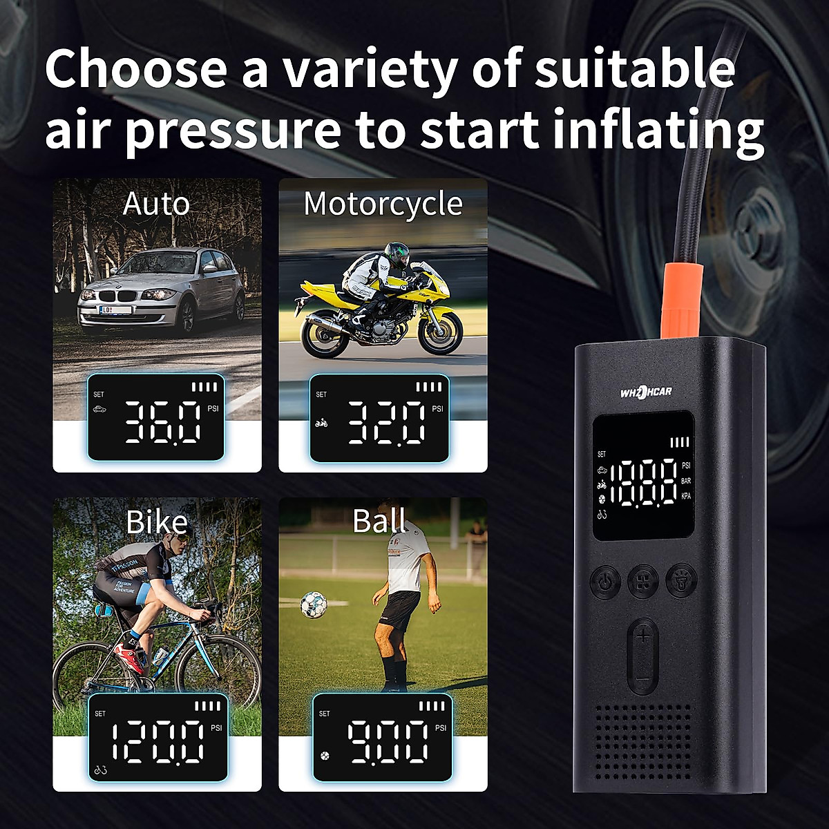 Tire Inflator Portable Air Compressor Air Pump 150 PSI Tire Inflator Accurate Pressure LCD Display with USB Charging LED Light for Motorcycle, Auto, Ball, Bicycle
