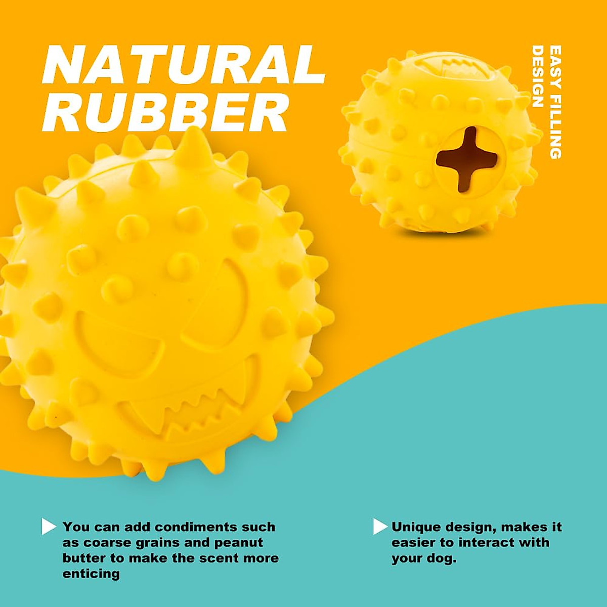 TSPRO Dog Toys Squeaky and Leaky Food Ball 2 Pack Natural Rubber Dog Toy Interactive Slow Feeder Treat Dispensing Dog Toys for Small Dogs, Real Beef Flavor, for Puppies (Yellow, Blue)