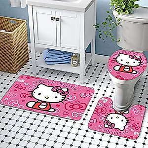 Cat Bathroom Accessories Cartoon Bathroom Decor Kitty Bathroom Set Include 1 Kitty Shower Curtains 1 Kawaii Bath Mat 1 O-Shaped lid Cover