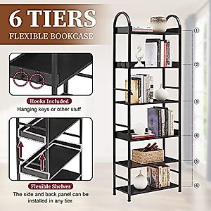 Merax 6 -Tier Tall Bookshelf Bookcase, Open Industrial Open Storage and Display Shelves with Hooks