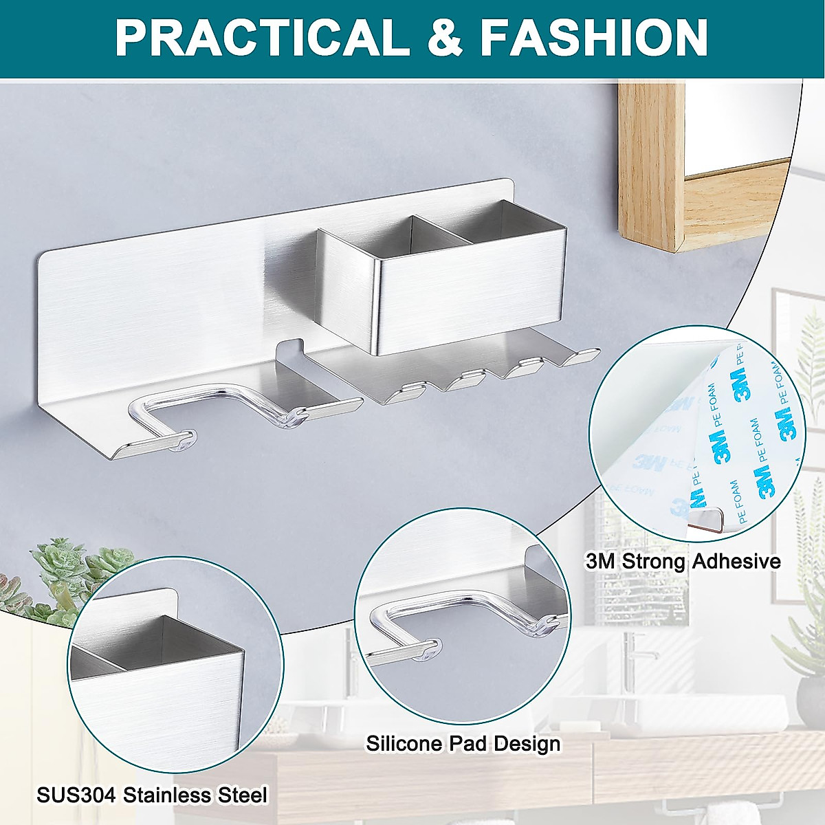 Hair Dryer Holder Wall Mounted, Blow Dryer Organizer, Hair Tool Organizer, Adhesive Blow Dryer Holder for Bathroom, Stainless Steel Hair Dryer Stand with Plug Hook & Storage Compartment