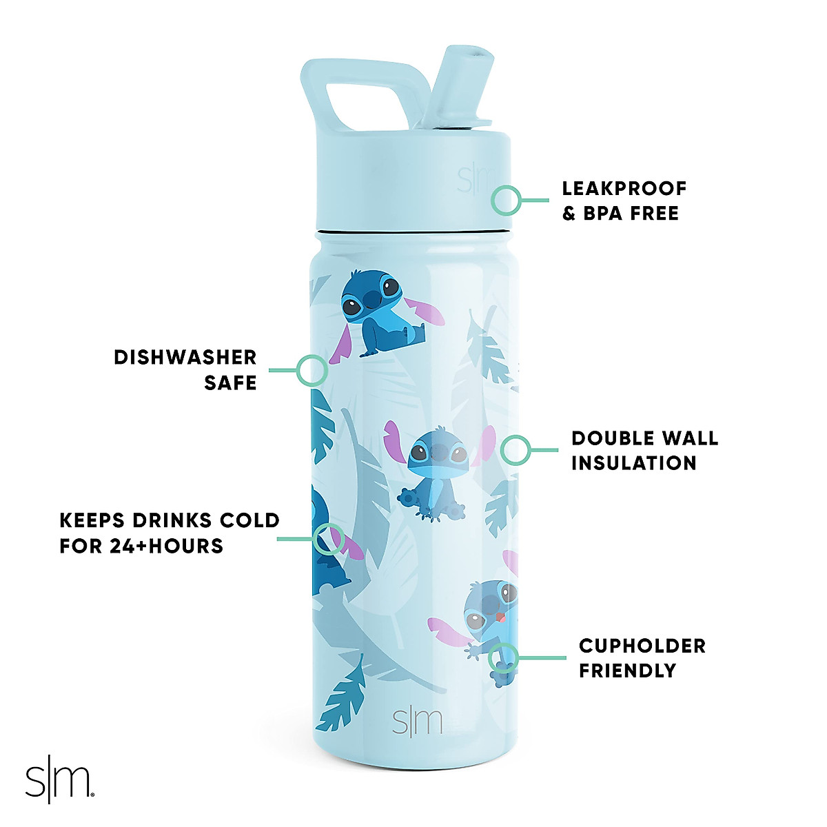 Simple Modern Disney Stitch Water Bottle with Straw Lid | Reusable Insulated Stainless Steel Cup for Girls, School | Summit Collection | 18oz, Tropical Stitch