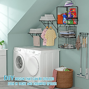 ThreeHio 3 Pack Laundry Room Shelves Wall Mounted with Wire Storage Baskets, Over Washer and Dryer Shelves with Hanging Rods and Hooks, Wire Wall Shelves Baskets for Laundry Organization and Storage