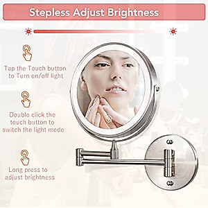 Rechargeable Lighted Wall Mounted Makeup Mirror 8 Inch 1X 10X Magnifying Double Sided, Touch Dimmable 3 Color LED Lights Vanity Mirror, Extendable 360° Swivel Bathroom Mirror, Brushed Nickel