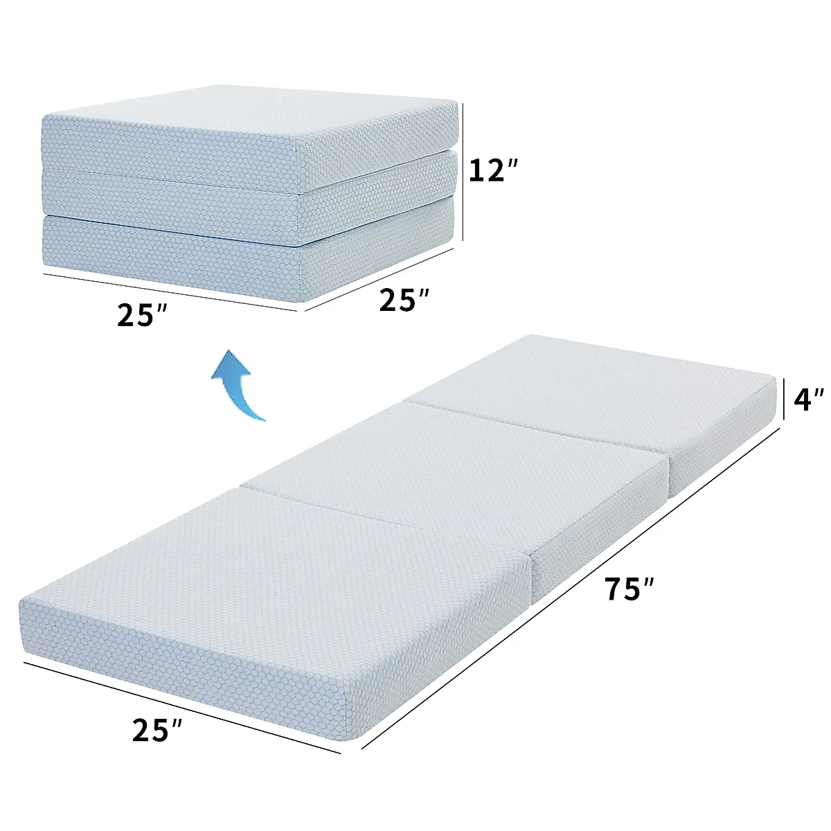 Hush Hutting Folding Mattress, 4 inch Memory Form Portable Trifold Mattress Topper with Washable Cover, Non-Slip Bottom Camping Guest Bed, Play Mat, Single Size - 75"x25"x4"