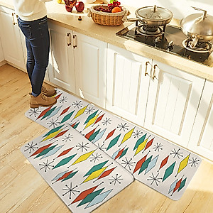 Middle Century Kitchen Rugs and Mats Set of 2, Geometric Non-Skid Bathroom Rugs, Washable Kitchen Runner Teal Yellow Orange Rug Modern Floor Mat for Sink/Laundry Room/Office, 15.7"x23.6"+15.7"x47.2"