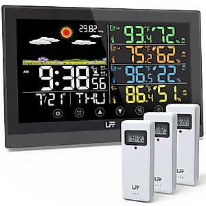 LFF Weather Station, Indoor Outdoor Weather Station Wireless with Multiple Sensors, Color Display Digital Atomic Clock Indoor Outdoor Thermometer Wireless, Forecast Station with Adjustable Backlight