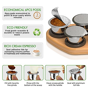 CAPMESSO Reusable Capsules for Nespresso OriginalLine, 6pcs Nespresso Refillable Pods Stainless Steel Coffee Pods Compatible with Nespresso Originaline Machine(6 Pods+100 Lids+ Wood Storage Tray)