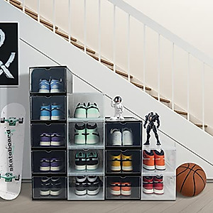 Hrrsaki 6 Pack Shoe Storage Box, Drop Front Shoe Boxes,Shoe Box Clear Plastic Stackable, Shoe Storage Box and Shoe Organizer for Display Sneakers,Easy Assembly,Fit up to US Size 12(13.4”x 10.7”x 7.2”) - Black