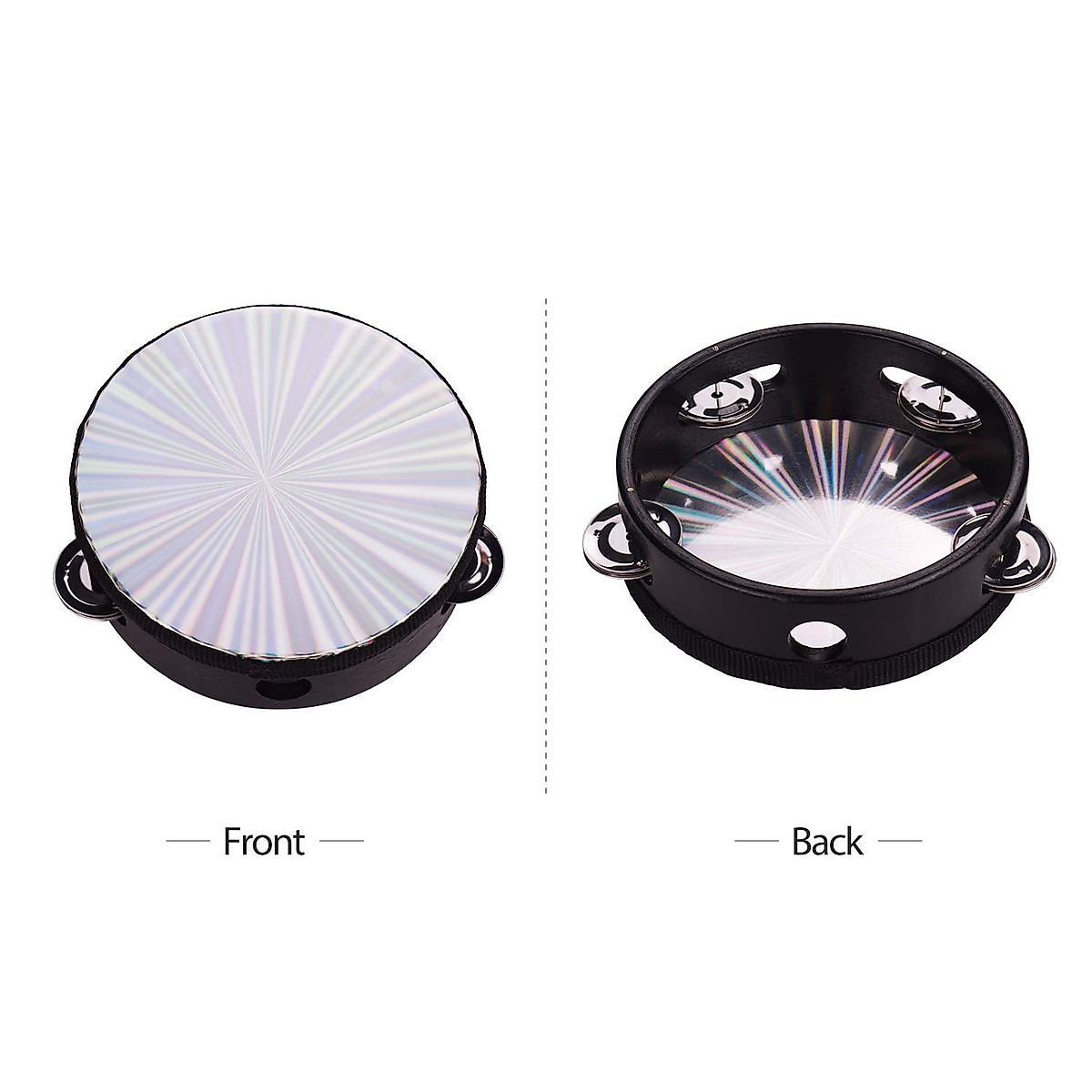 Daerzy 6 Inch Wooden Radiant Tambourine Handbell Hand Drum with Single Row Jingles Reflective Drum Head Percussion Instrument Musical Toy for Adults Kids Dancing Singing Party, Black