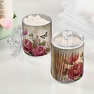 ALAZA 2pcs Vintage Rose Flower Butterfly Qtip Holder Dispenser 14 oz Bathroom Storage Clear Apothecary Jars Containers Cotton Ball,Cotton Rounds,Floss Picks, Hair Clips, Food