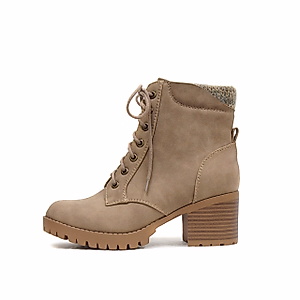 Soda Women's Casual Fashion Ankle-High Combat Bootie With Zipper and Chunky Block Heel in Light Taupe Size 8