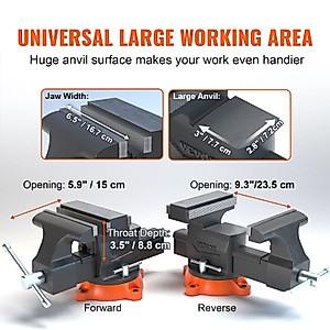 VEVOR Bench Vise, 6.5" Jaw Width 6.5" Forward &9.3" Reverse Opening, 360-Degree Swivel Locking Base Multipurpose Workbench w/Anvil, Heavy Duty Ductile Iron w/Bolts & Nuts, for Drilling, Pipe Cutting