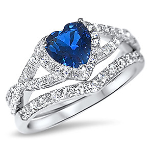 LaRaso & Co His Hers Trio Wedding Set Sterling Silver Blue Sapphire CZ Bridal Band Engagement Couples Rings Him Her Thin Blue Line