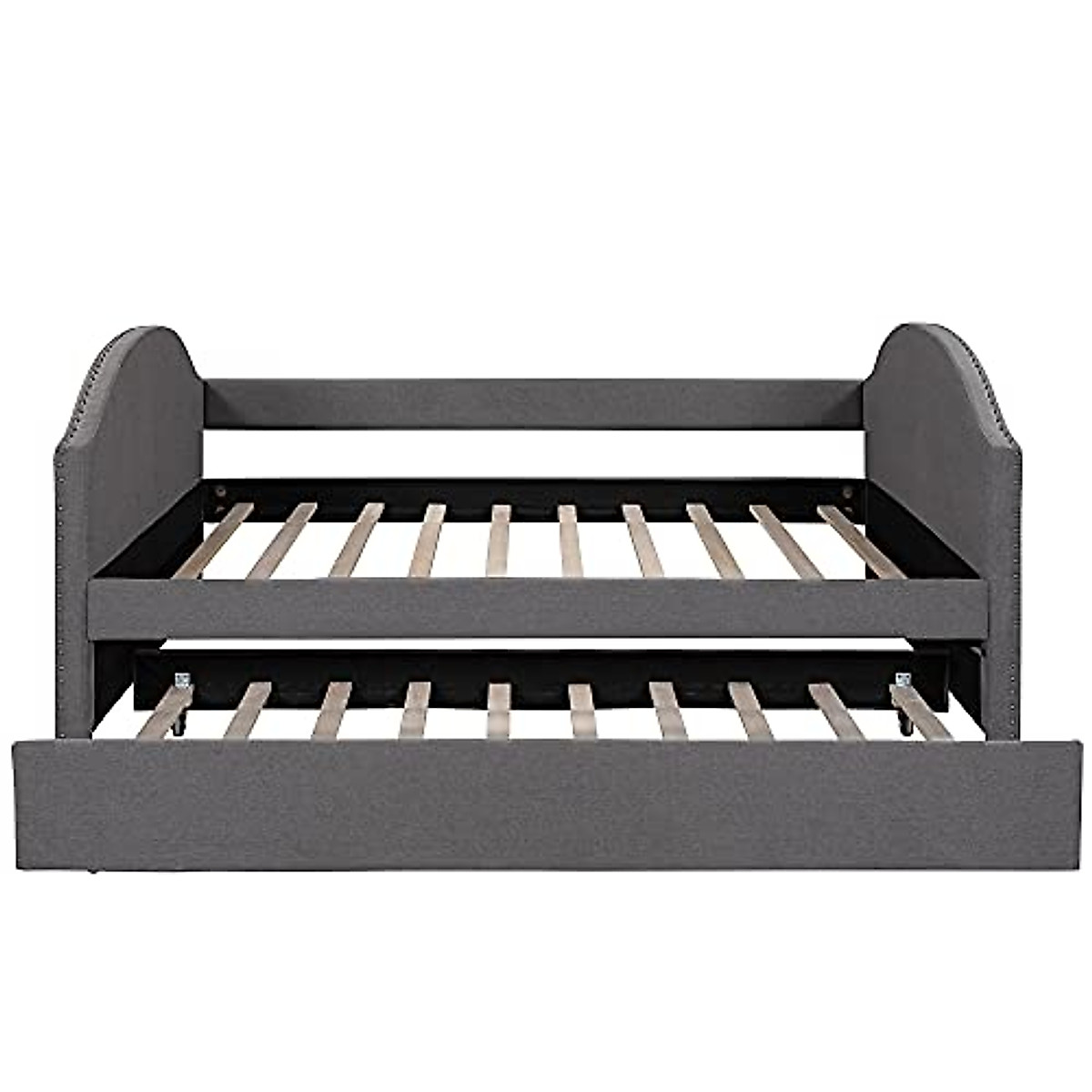 HSBD Full Size Daybed with Trundle, Modern Upholstered Day Bed Linen Fabric Sofa Daybed Frame with A Roll-Out Trundle, No Box Spring Needed, Furniture for Bedroom Living Room Guest Room