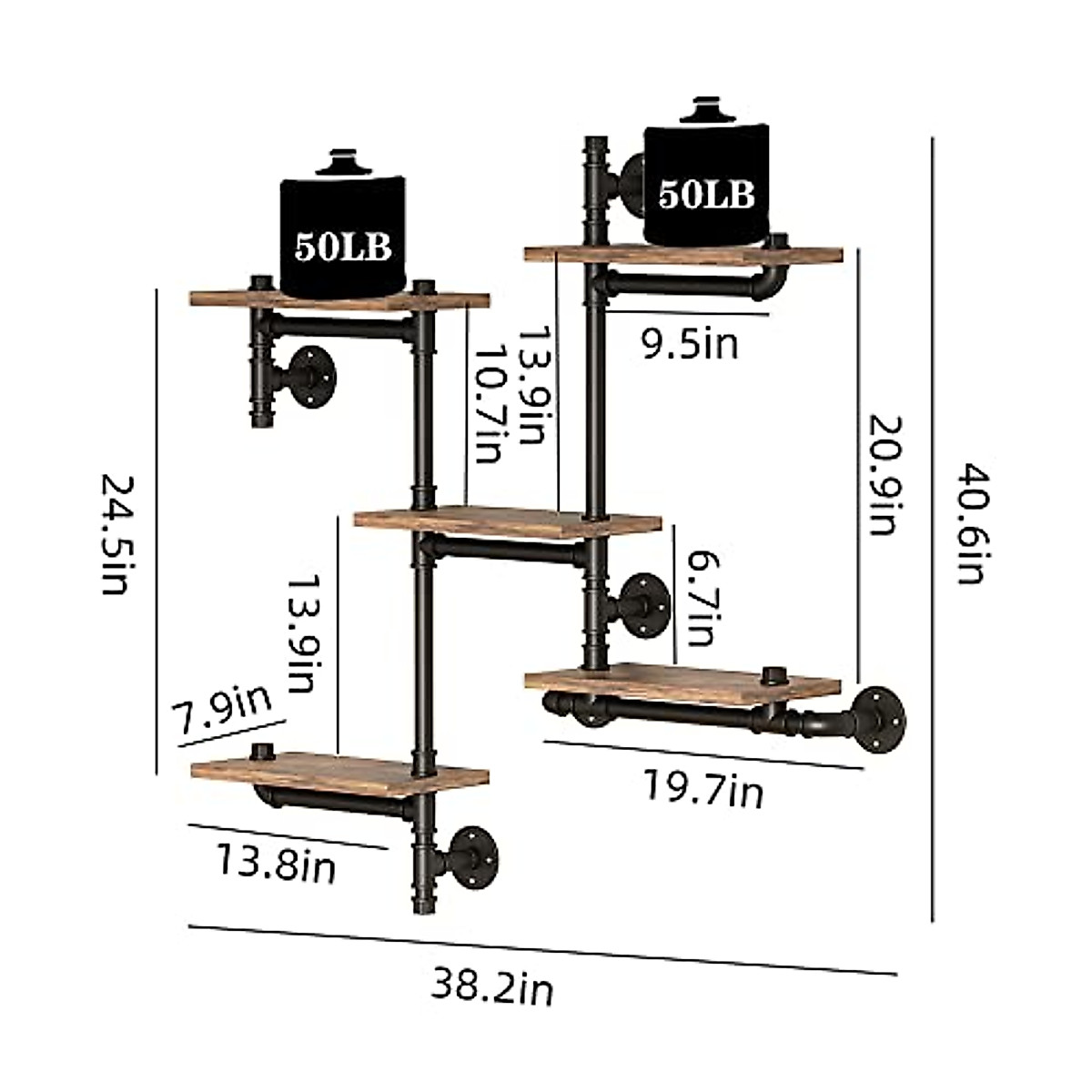 MAIKAILUN 5 Tiers Industrial Floating Pipe Wall Mounted Shelves and 2 Tiers Bundle