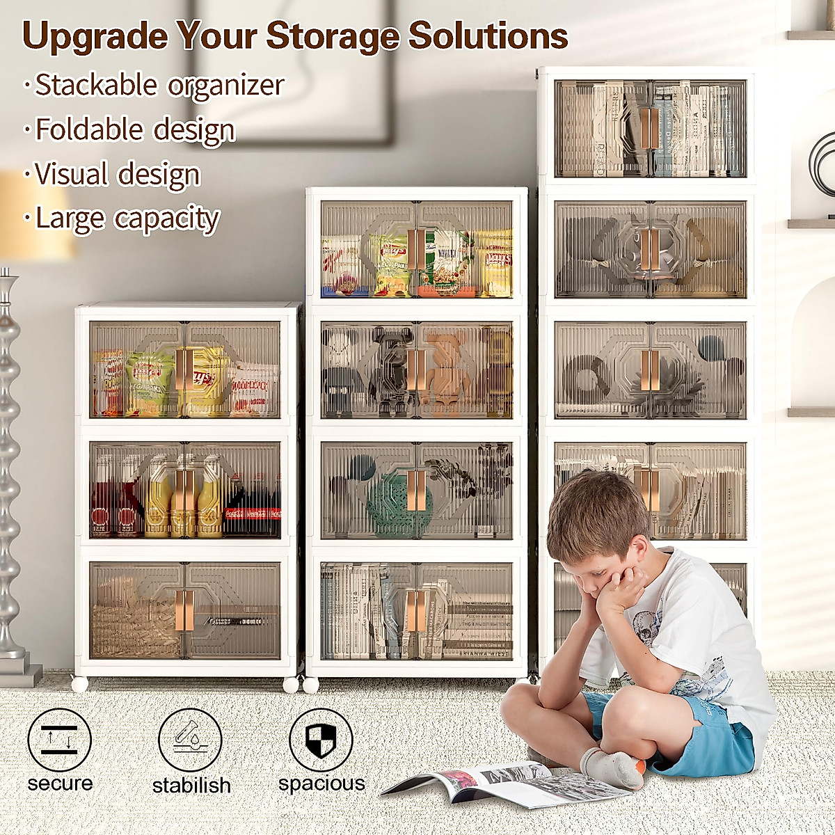 VECELO 19 Gal Stackable Storage Bins with Lid, 5 Pack Plastic Collapsible Storage Cabinet, Foldable Folding Box Organizer/Storage Container Cart with Wheel and Double Door for Home Office, White