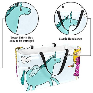 KQNZT Reusable Grocery Bags, Large Foldable Reusable Shopping Tote Bags Bulk for Groceries, Waterproof Kitchen Cloth Produce Bags with Long Handles, Unicorn Cartoon Girl