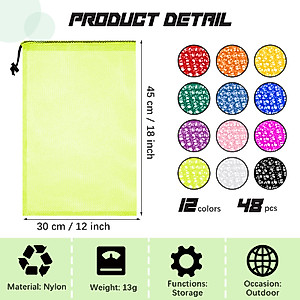 48 Pcs Mesh Laundry Bags Mesh Drawstring Bags Toy Storage Bags, 18 x 12 Inch Mesh Drawstring Gym Bag Nylon Stuff Sack Mesh Ball Bag for Travel Toy Sports (Vivid Color)