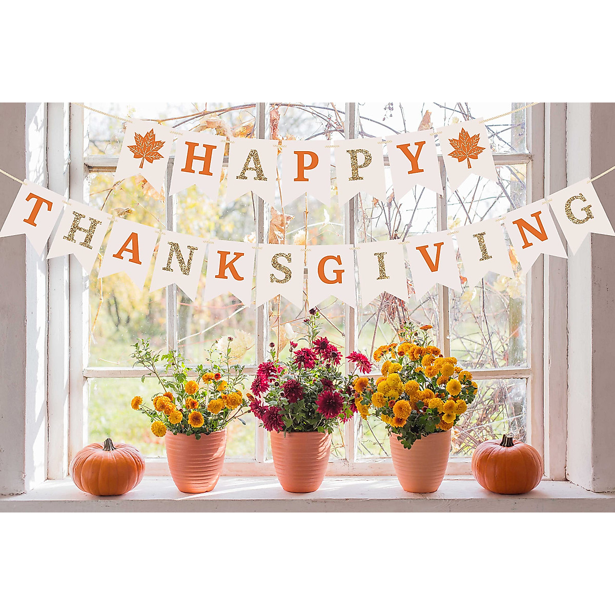 Pre-Strung Happy Thanksgiving Banner - NO DIY - Thanksgiving Banner with Gold Glitter Details - Pre-Strung Garland on 8 ft Strand - Fall Thanksgiving Party Decorations & Decor. Did we Mention no DIY?