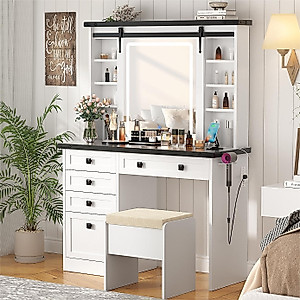 VOWNER Farmhouse Makeup Vanity Desk with Sliding Lighted Mirror & Power Outlet, Vanity Table Set with Hidden Shelves & 5 Drawers & Storage Stool for Bedroom