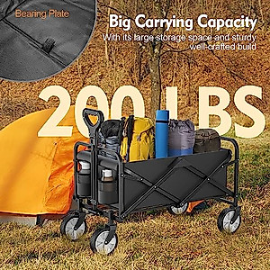 Collapsible Folding Utility Wagon,Beach Wagon Cart with All Terrain Wheels & Drink Holders,Portable Sports Wagon for Camping, Shopping, Garden and Beach, Grass, Sand,Fishing